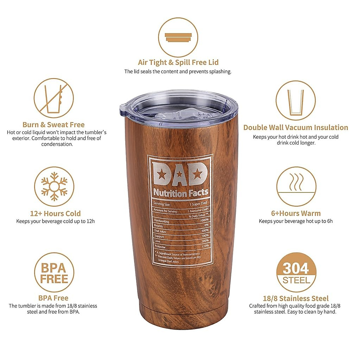 NUI LIVING 20 OZ Best Dad Ever Stainless Steel Tumbler: Unique Gift Idea for Men, Husband, Father - Christmas, Anniversary, Birthday; Eco-Friendly, Spill-Proof & Insulated for Perfect Temperature