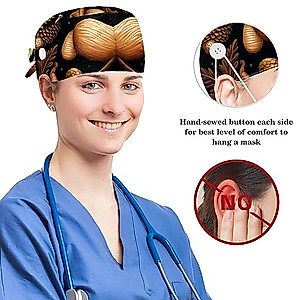 Happy Thanksgiving Acorns Bouffant Working Cap with Ribbon Tie for Women Long Hair, Scrub Surgical Hat, One Size Head Cover