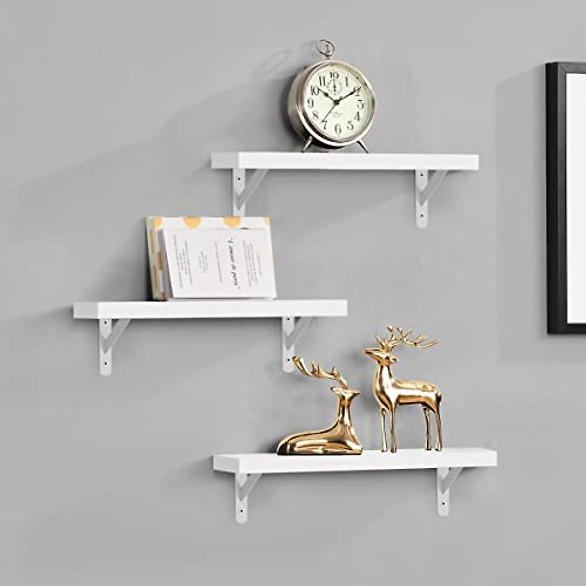 AIKTOTA Floating Shelves - 15.7" White Wall Shelf with Metal Bracket, Wall Mounted Shelves for Bathroom, Living Room, Bedroom, Kitchen, Modern Storage Shelves Decor - Set of 3