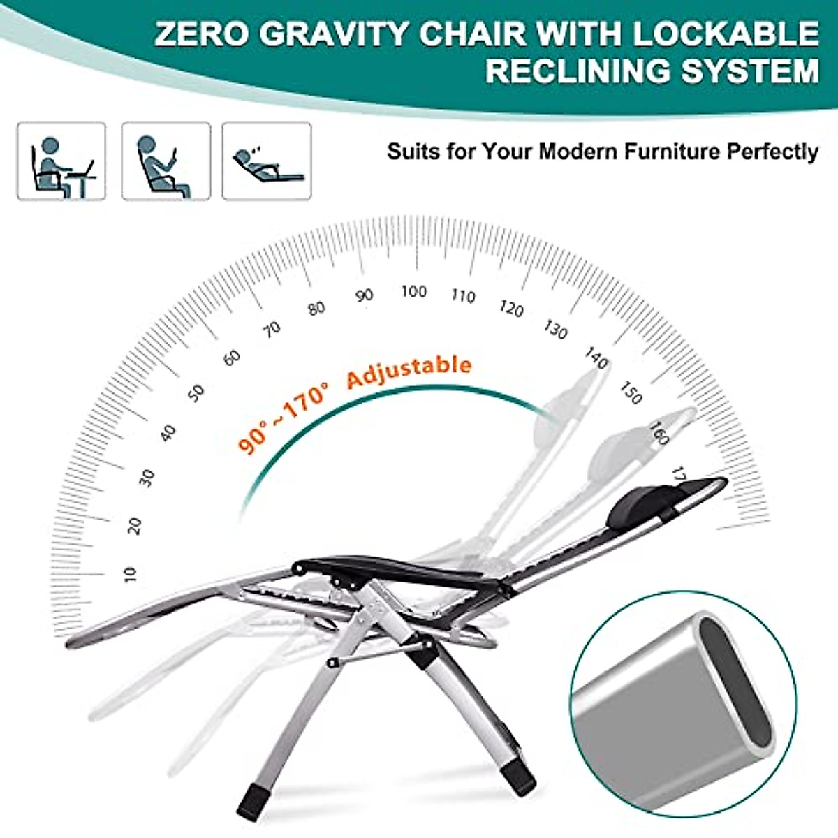 Zero Gravity Chair, Lawn Recliner, Reclining Patio Lounger Chair, Folding Portable Chaise with Detachable Soft Cushion, Cup Holder, Headrest
