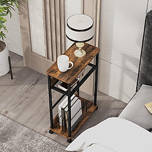 Livofloral Narrow Side Table with Wheels, 3 Tier Small End Tables for Small Spaces, Sofa Table with Magazine Rack, Skinny Nightstand Table with Storage Shelf for Living Room, Bedroom, Brown