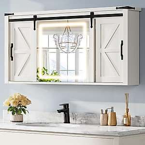 DWVO Medicine Cabinet Mirror, Bathroom Wall Cabinet w/Lights and Sliding Barn Door, Lighted Medicine Cabinet Storage Cabinet for Bathroom with Adjustable Shelf, 3-Color Memory Mode LED, 47" White Oak
