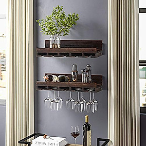 KIAYACI Wall-Mounted Wood Wine Rack 7 Bottles Wine Storage Rack 5 Long Stem Glass Holder Floating Wine Rack Brown 24 x 7.4 x 6 inches