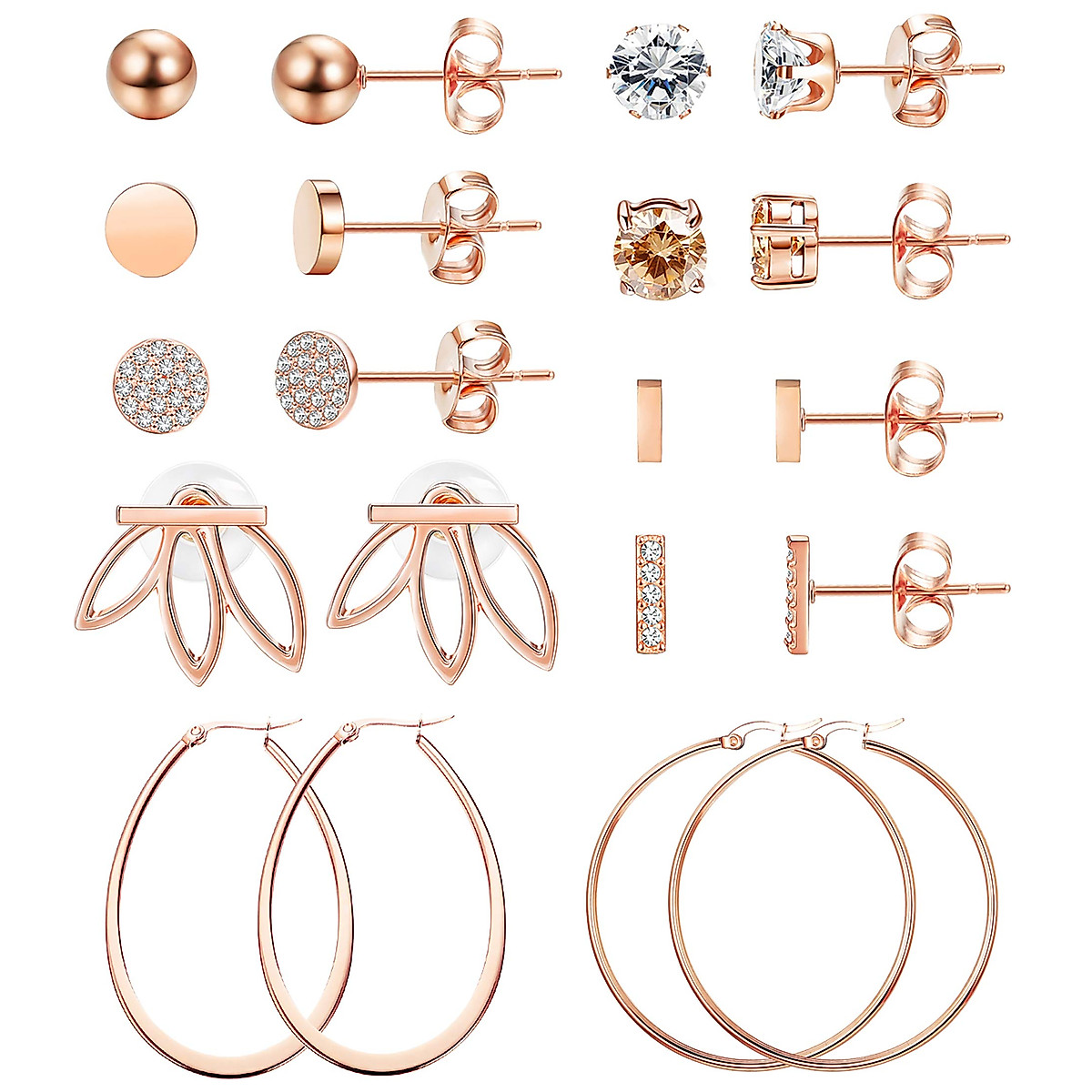 LOYALLOOK 10 Pairs Rose Gold CZ Bar Stud Earrings Set for Women Stainless Steel Earring Lotus Flower Ear Jacket Stud Hoop Earring Women Cartilage Earring Set