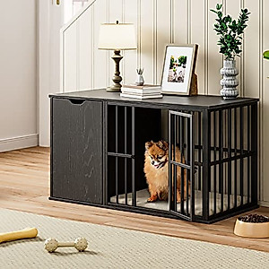 Dog Crate Furniture End Table, Wooden Dog Kennel with Cushion, Decorative Pet Crate House Cage Indoor for Small Medium Dogs, Black