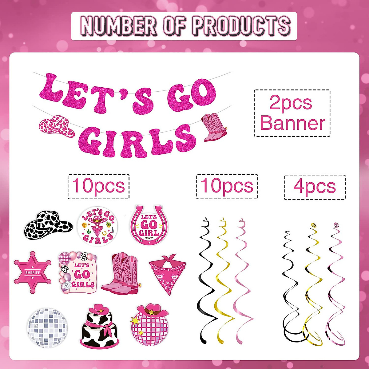 Let's Go Girls Birthday Decorations - NOVBAUB 26PCS Preppy Y2k Hot Pink Party Swirls Bachelorette Party Decorations Disco Cowgirl Hanging Swirls Whirl Streamers Party Decor for Women Girls