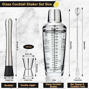 Tiawudi 23oz Glass Cocktail Shaker Set, 4PCS Bartender Kit, Martini Mixer Shaker with Built-in Strainer, Measuring Jigger, Cocktail Muddler & Mixing Spoon, Bar Tool Set for Bartender and Home Use