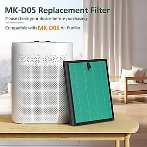 2-Pack MK-D05 Air Fil-ter Replacement for MK-D05 Air Cleaner Puri-fier, 4-in-1 High-Efficiency H13 True HEPA Filt-er with Carbon Filt-er, Green (Pet Dander Version)
