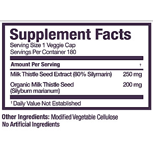 Organic Milk Thistle Capsules, 180 Caps, Pure Milk Thistle Powder Plus 80% Silymarin Extract Standardized Complex, 450 mg, Natural Liver Health Supplement, Immune Boost, Detox and Cleanse