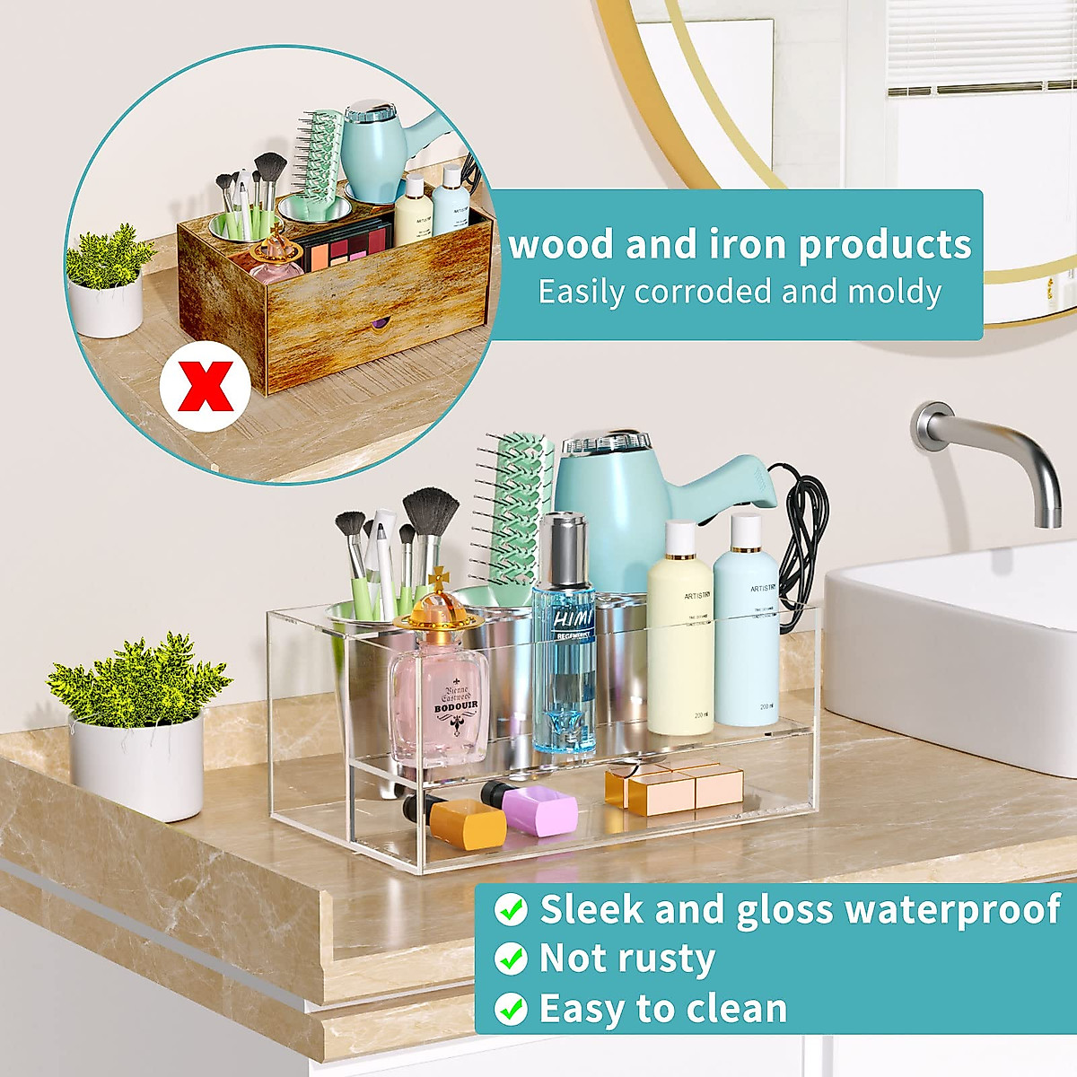 HIIMIEI Hair Tool Organizer, Clear Acrylic Hair Dryer Organizer with Drawer, Hair Styling Tool Organize, Bathroom Vanity Countertop Storage Organizer for Blow Dryer, Curling Irons, Makeup, Toiletries