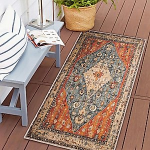 COMSLE Boho Area Rug, 2' x 4' Machine Washable Rugs for Entryway Faux Wool Small Rugs Distressed Throw Rug Non-Slip Floor Carpet for Indoor Bedroom Kitchen Living Room