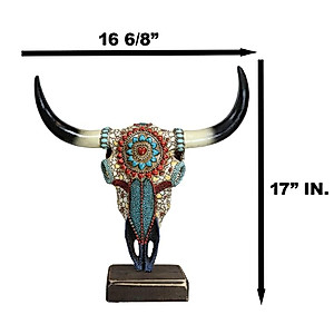 Ebros Gift 17" High Large Western Steer Bison Buffalo Bull Cow Skull Head with Mosaic Turquoise Red Yellow Blue Stones and Beads Ornate Floral Design Desktop Sculpture Native Indian Sacred Skulls