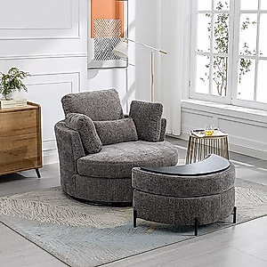 Oversized Swivel Accent Barrel Chair with Storage Bench Large Ottoman+4 Pillows,Comfy Upholstered 360 Recliner Sofa Club Chaise Leisure Round Loveseat Lounge Armchair for Living Room/Hotel/Nursery