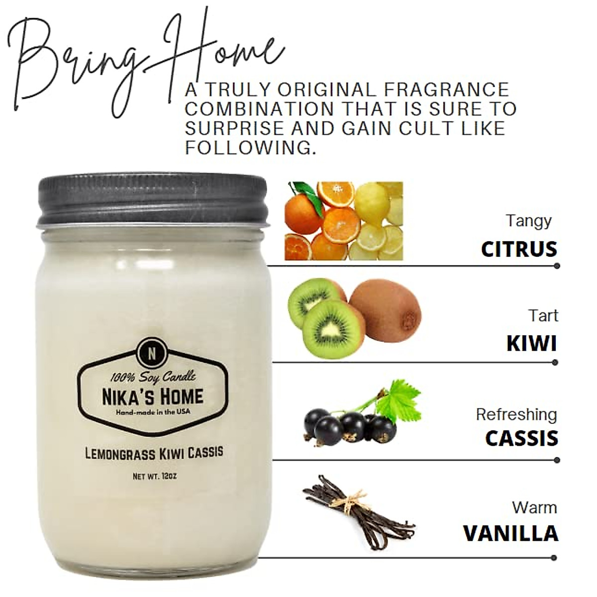 Nika's Home Lemongrass Kiwi Cassis Soy Candle 12oz Mason Jar Non-Toxic White Soy Candle-Hand Poured Handmade, Long Burning 50-60 Hours Highly Scented All Natural, Clean Burning Gift Décor