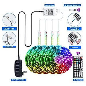QZYL LED Lights for Bedroom 100 FT(4 Rolls), LED Strip Lights with App Control, Sync to Music 5050 RGB LED Lights with 44 Keys IR Remote, LED Lights for Room Party Home Decorations