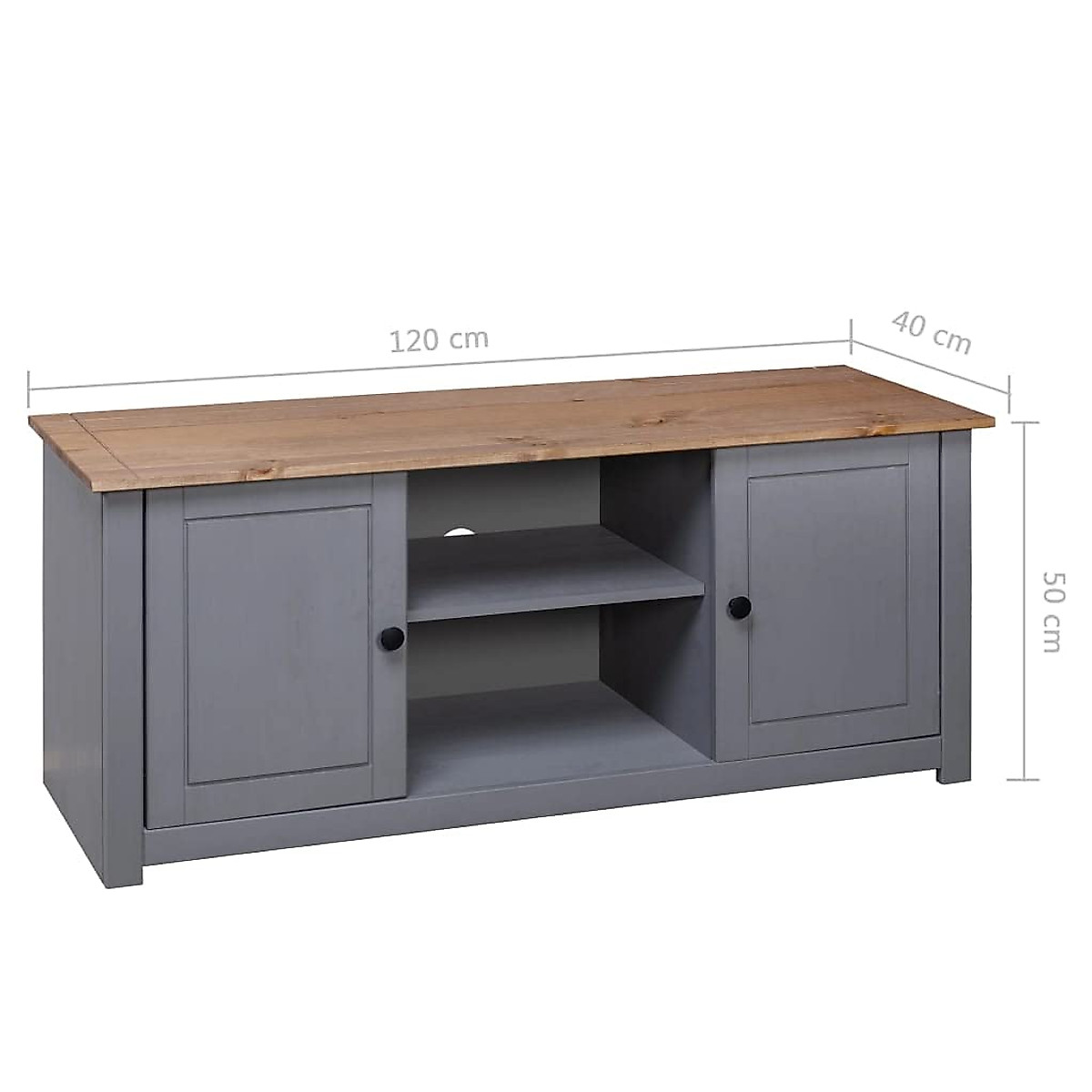 vidaXL Solid Pine Wood TV Stand - Panama Range - Gray, Retro Design, Ideal for Living Room, 47.2"x15.7"x19.7" with 2 Doors, 2 Compartments, Scandinavian Style