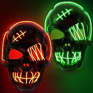 Liliful 2 Pcs Halloween Mask LED Light up Skull Mask Glow in The Dark Scary Spooky Skeleton Mask (Red, Green)