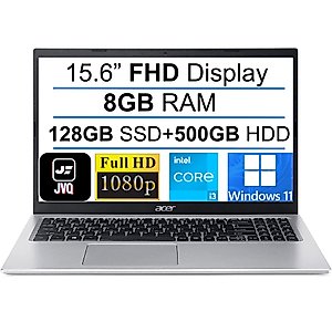 acer 2023 Newest Aspire 5 Slim 15.6"" FHD Laptop, 11th Gen Intel Core i3-1115G4(Up to 4.1GHz,Beat i5-7200U), 8GB DDR4 RAM, 128GB SSD+500GB HDD, WiFi 6, USB-C, Webcam, HDMI, Windows 11S+JVQ MP, Silver