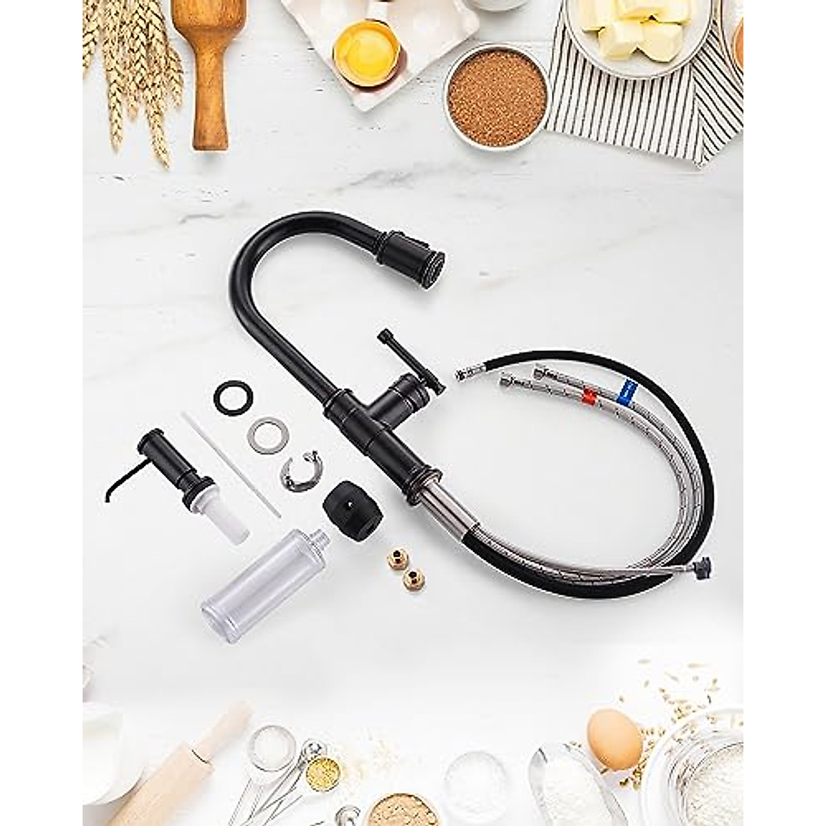 Antique Oil Rubbed Bronze Kitchen Sink Faucet with Soap Dispenser, DAYONE Pull Down Farmhouse Faucet for Sink with 3 Mode Sprayer, Single Handle High Arc, DAY-APS136-ORB