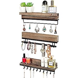 JACKCUBE DESIGN 3 PCS Hanging Wall Mounted Jewelry Organizer (Rustic Wood) - For Accessory Earrings, Bracelet, Bow, Headband- MK591A