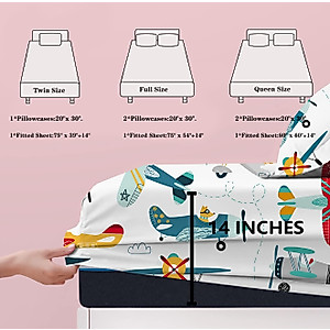 Yasida Twin Bed Sheets Kids, Twin Sheets 2 Pack for Kids, Fitted Sheet Twin, Airplane Printed Bed Sheets for Girls or Boys, Bed Fitted Sheet and Pillowcases Set, 100% Brushed Microfiber Fabric