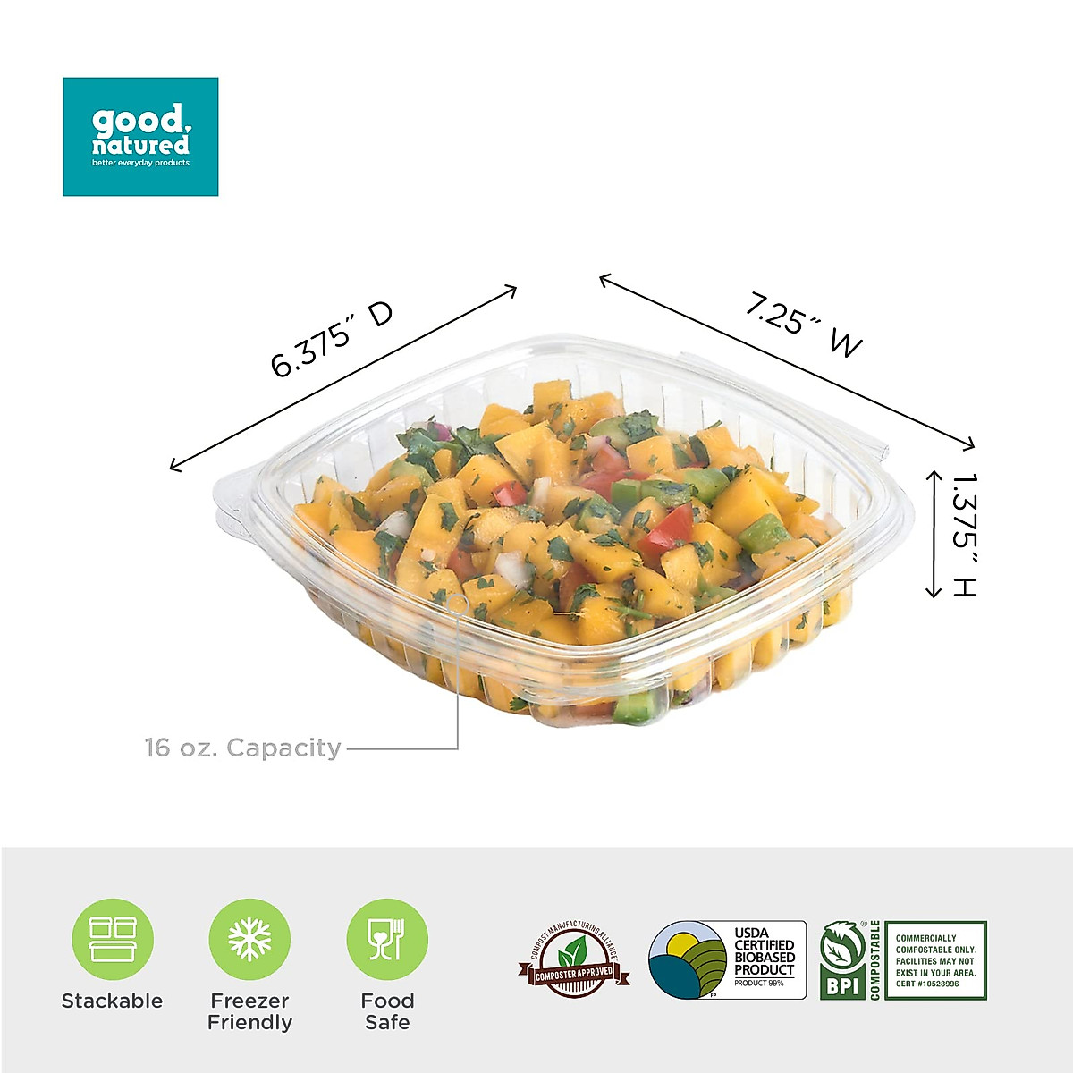 good natured 16 oz. 200 Pack - Multi-purpose Clamshell Package – 99% Plant-Based Clear Food Storage Containers – Lightweight To-Go Boxes - BPA - Free Food Packaging