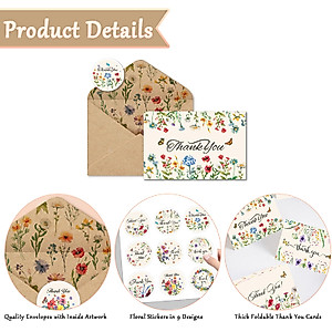 Savgkoyt 75 Pack Wildflower Thank You Cards with Envelopes and Stickers Thank You Notes with Envelopes Set Bulk Vintage Flower Greeting Cards with Kraft Envelope Sticker for Wedding Bridal Showers Baby Showers