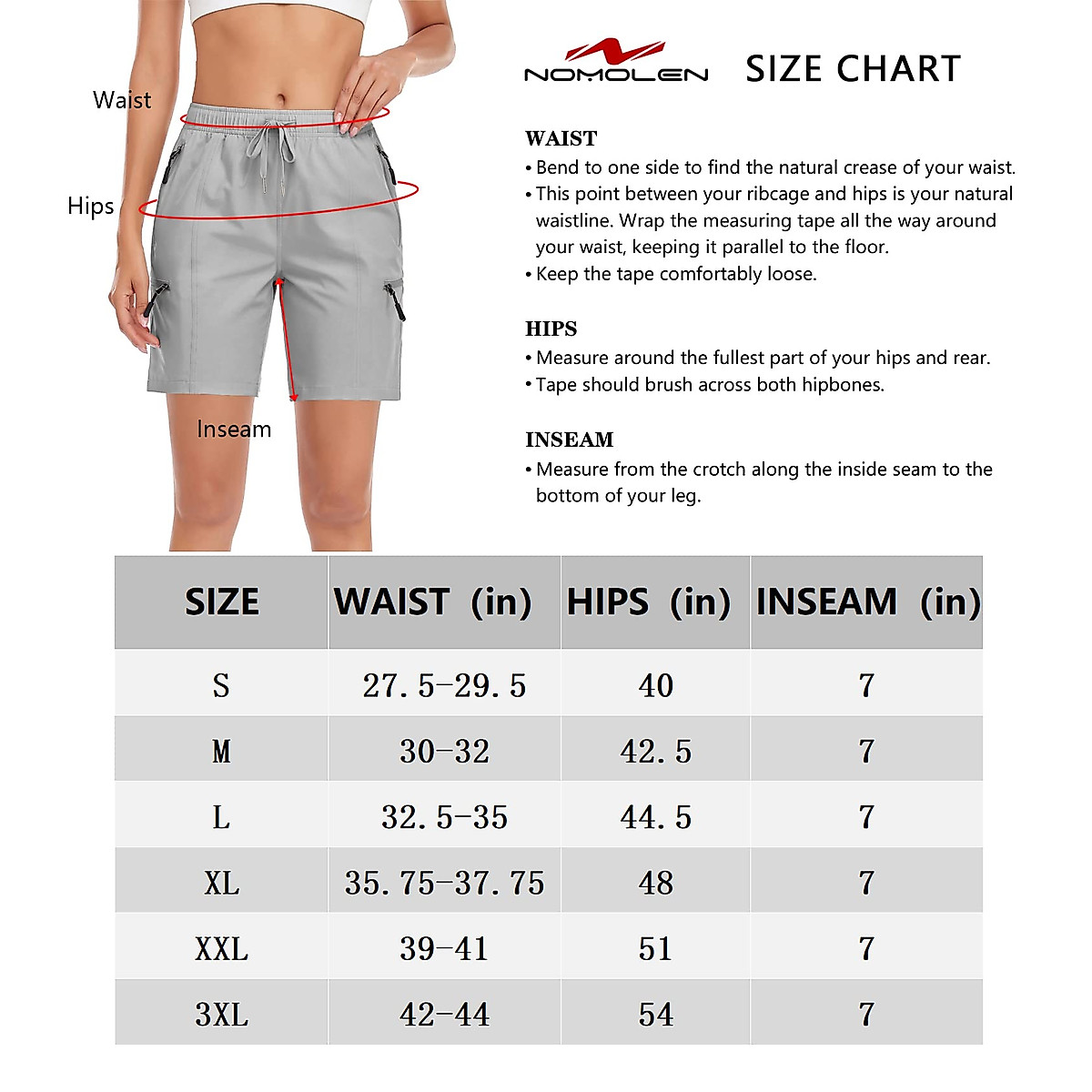 Nomolen Women's Hiking Cargo Shorts Quick Dry Lightweight 7" Athletic Golf Casual Summer Shorts with Zipper Pockets UPF 50+