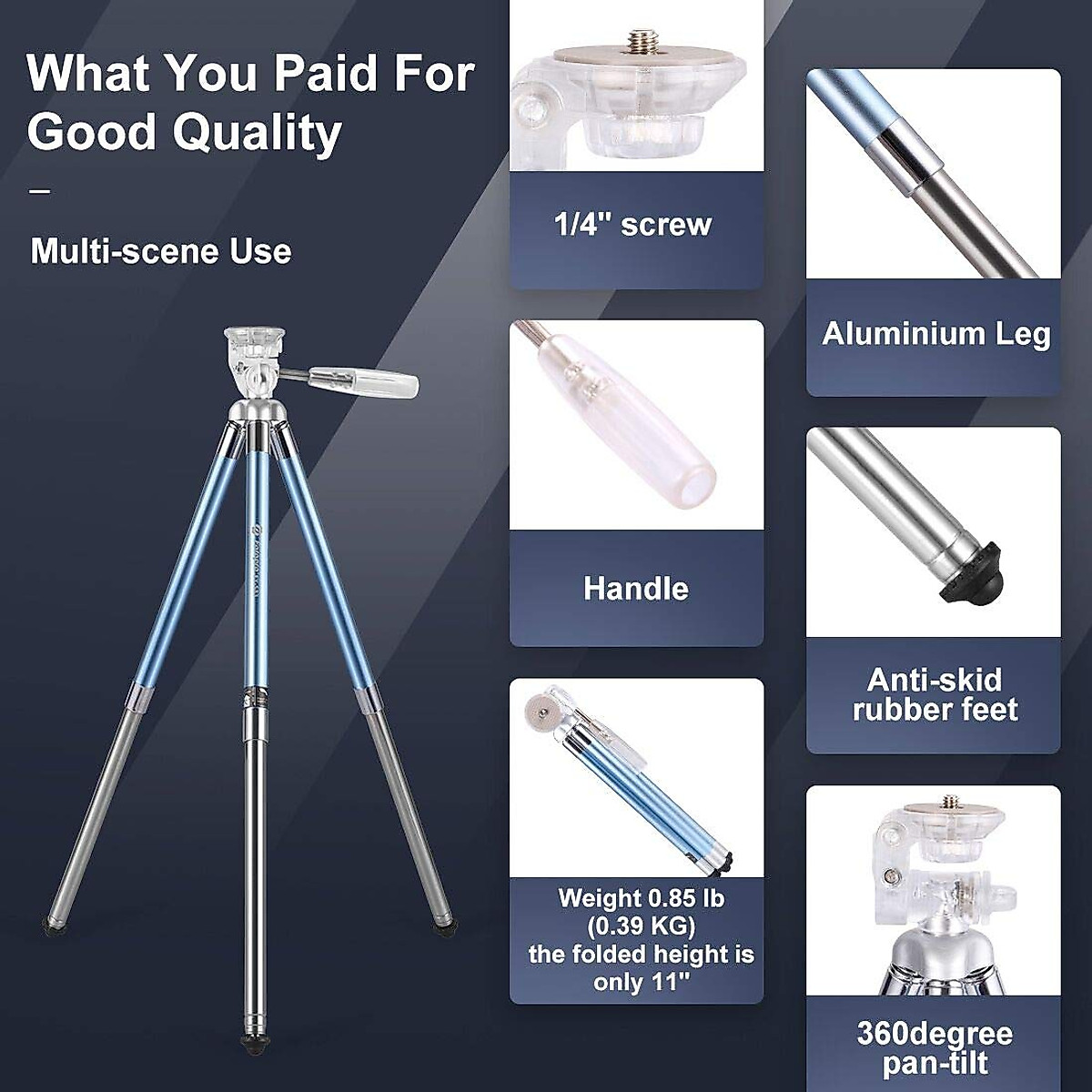 Phone Tripod Fotopro 40 Inch Lightweight Travel Tripod for iPhone Camera with Bluetooth Remote Phone Mount Portable Camera Tripod Stand for Vlogging Video Blue