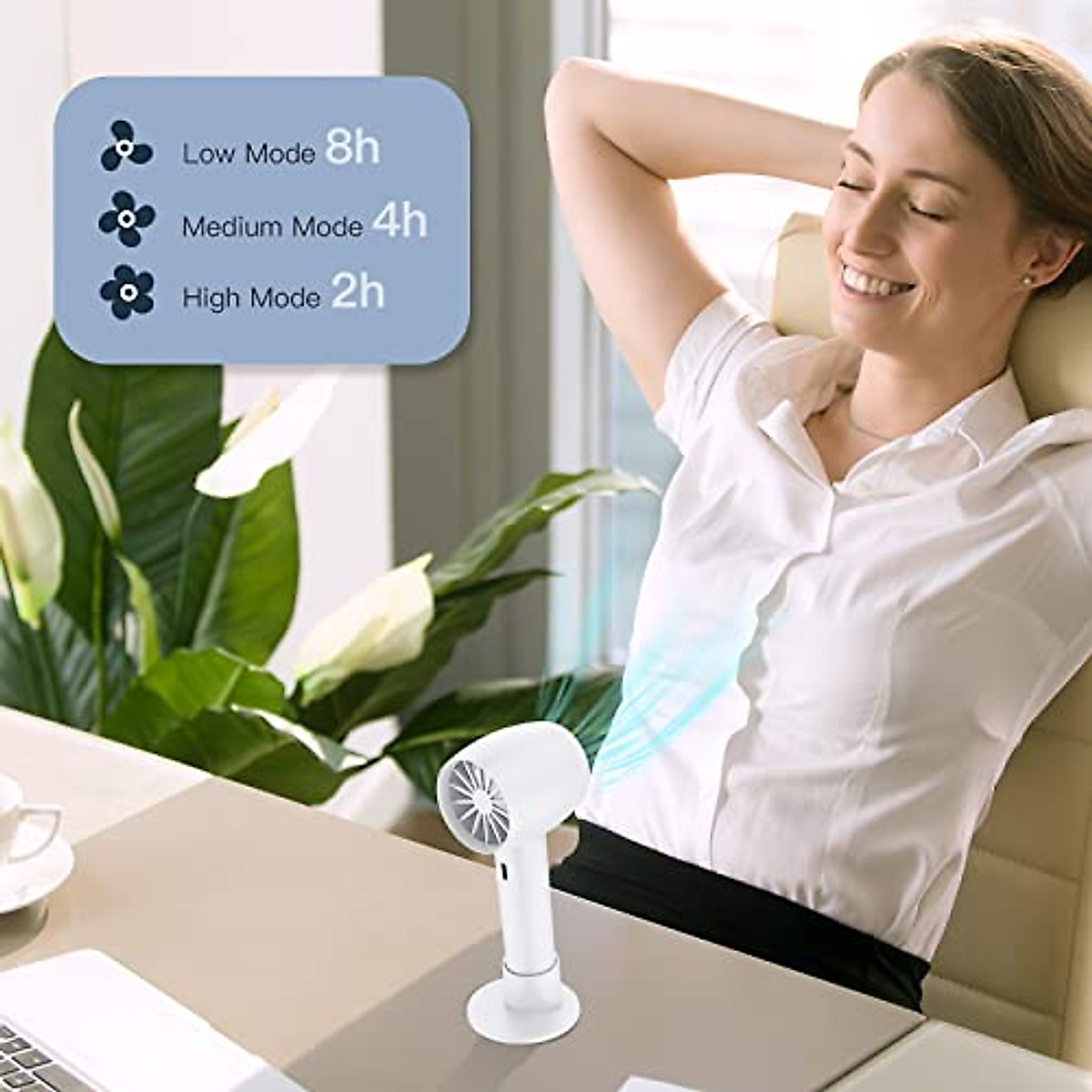 MATEPROX Mini Handheld Fan, 2000mAh Rechargeable Battery Operated Fan with 3 Speed Adjustable Removable Base, Small Portable Fan for Travel Women Kids Girls - White