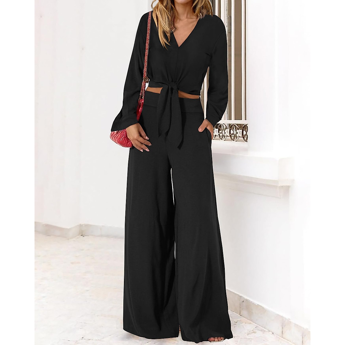 PRETTYGARDEN Women's 2 Piece Outfits 2025 Spring Casual V Neck Long Sleeve Strappy Crop Top Wide Leg Palazzo Pant Sets(Solid Black,X-Large)