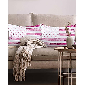 Pillow Cases Linen Pillow Shams Independence Day Pink Camo American Flag Patriotic Pillow Cases Set of 2 12x20 Inches Pillowcases Rectangle Cushion Covers Flax Soft Linen Pillow Covers for Couch Sofa