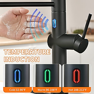 OWOFAN Touchless Kitchen Faucet with Pull Down Sprayer LED Light Single Handle Kitchen Sink Faucet Motion Sensor Smart Hands-Free, Stainless Steel Black 1075R