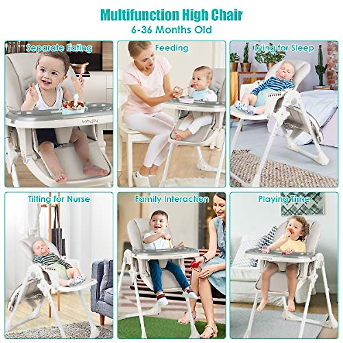 BABY JOY Convertible High Chair for Babies & Toddlers, Height Adjustable, Grow & Go High Chair w/Recline & Footrest, Removable Dishwasher Safe Meal Tray, Portable Baby Dinning Chair w/Wheels (Gray)