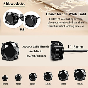 Milacolato 2Pair Sterling Silver Stud Earrings 18K Black Rhodium Plated Black Stud Earrings Round Square Cubic Zirconia Stud Earrings for Men Women | 6mm