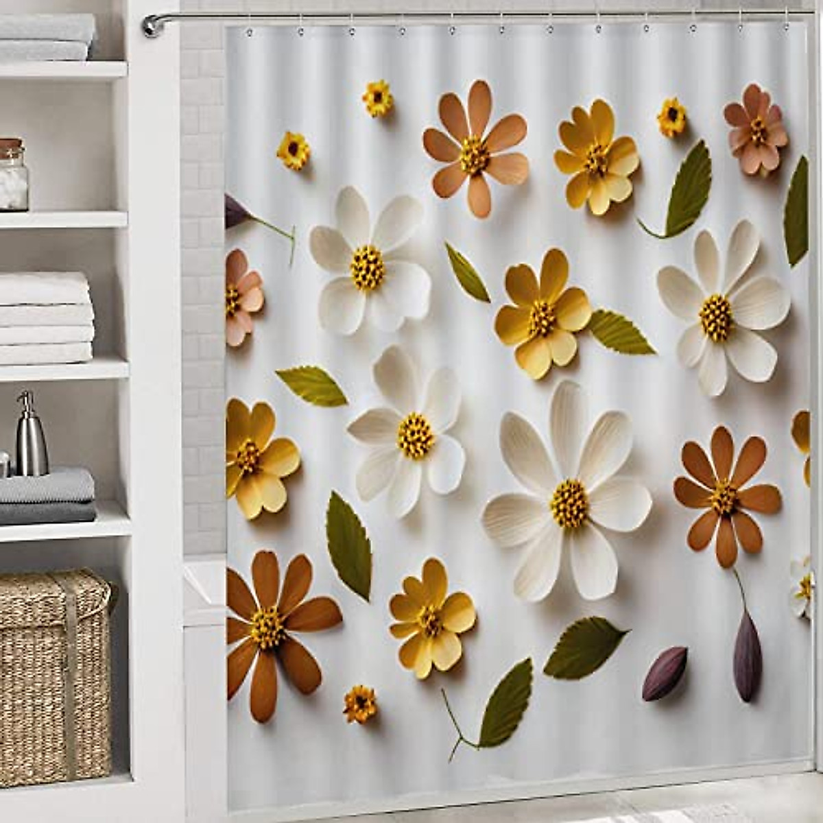 YSINOBEAR Spring Color Floral Shower Curtain Sets with Non-Slip Rug,Toilet Lid Cover and Bath Mat,Yellow and White Flowers Shower Curtain Sets with 12 Hooks,Durable Waterproof Shower Curtain.