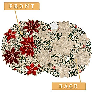 OWENIE Christmas Placemats Set of 4, Embroidered Applique Round Placemats Set of 4, Red Velvet Poinsettia Flower Linen Table Mats for Holiday Kitchen Dining Table Decorations (15 Inch)
