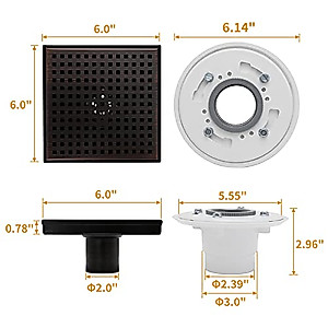 Sanycasa 6 Inch Square Shower Drain with Flange SUS 304 Stainless Steel Shower Floor Drain Removable Quadrato Pattern Grate - Watermark&CUPC Certified - Includes Hair Strainer - Oil Rubbed Bronze