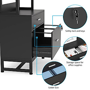 Tribesigns 2 Drawer Vertical File Cabinet with Lock & Bookshelf, Letter Size Large Modern Filing Cabinet Printer Stand with Open Storage Shelves for Home Office, Black