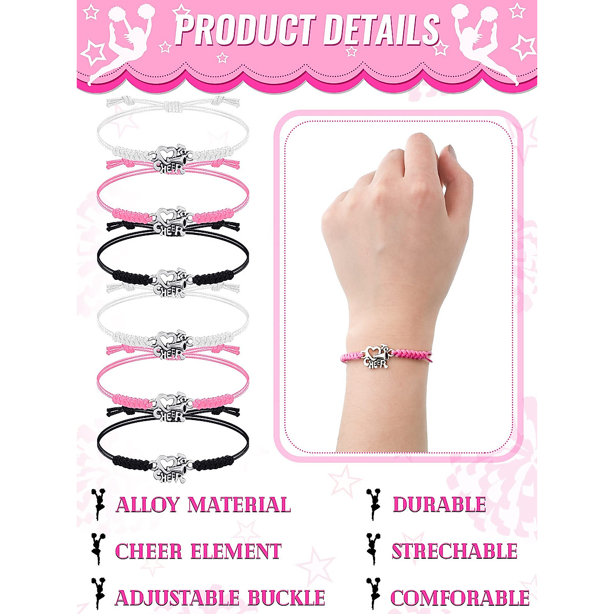 Rtteri 24 Pieces Cheer Gifts for Cheerleaders Adjustable Cheers Charm Bracelets Cheerleader Gifts for Girls Cheer Team Cheer Gifts Bulk
