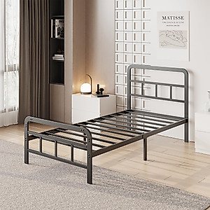 Lutown-Teen 12 Inch Twin Bed Frames with Headboard and Footboard, No Box Spring Needed, Heavy Duty Metal Mattress Foundation, Noise Free, Easy Assembly, Black
