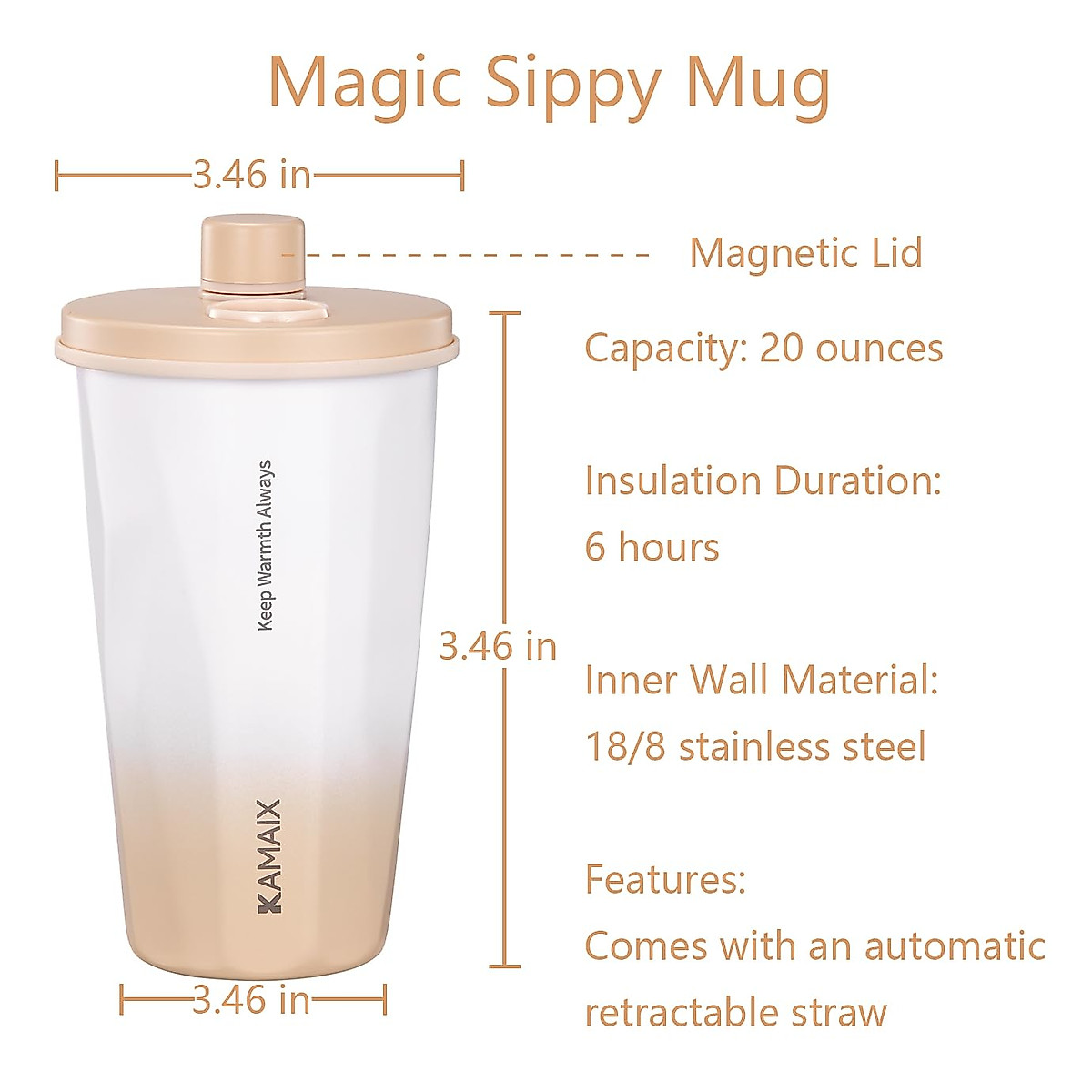 Reginsnow 20oz Insulated Coffee Mug With Lid, Double Wall Stainless Steel Vacuum Insulated Tumbler, Travel Thermal Cup for Home, Office, Outdoor & Car - Mocha
