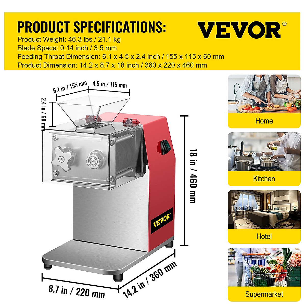 VEVOR Commercial Meat Cutting Machine, 551 Lbs/H 850W Meat Shredding Machine, 3.5mm Blade Electric Meat Cutter, Stainless Steel Restaurant Food Cutter, for Kitchen Supermarket Lamb Beef Chicken, Red