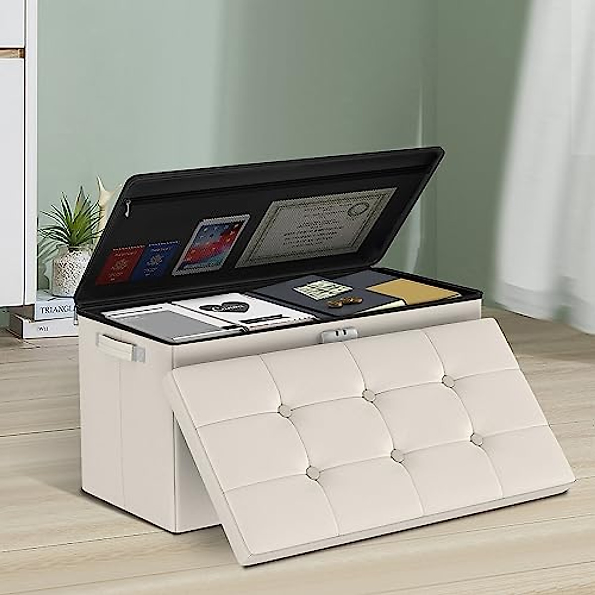 Tamfile 30 inches Folding Storage Ottoman with Lock,Fireproof Bedroom Bench with Storage,Beige Footrest with Foam Padded Seat,Ottoman Foot Rest for Bed Room,Storage Chest, Foot Rest Stool