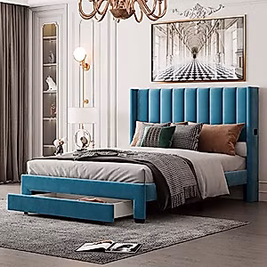 Queen Size Velvet Upholstered Platform Bed Frame with Storage Drawer and Tufted Headboard for Boys Girls Teens Adults, No Box Spring Needed, Easy Assembly (Blue, Queen)