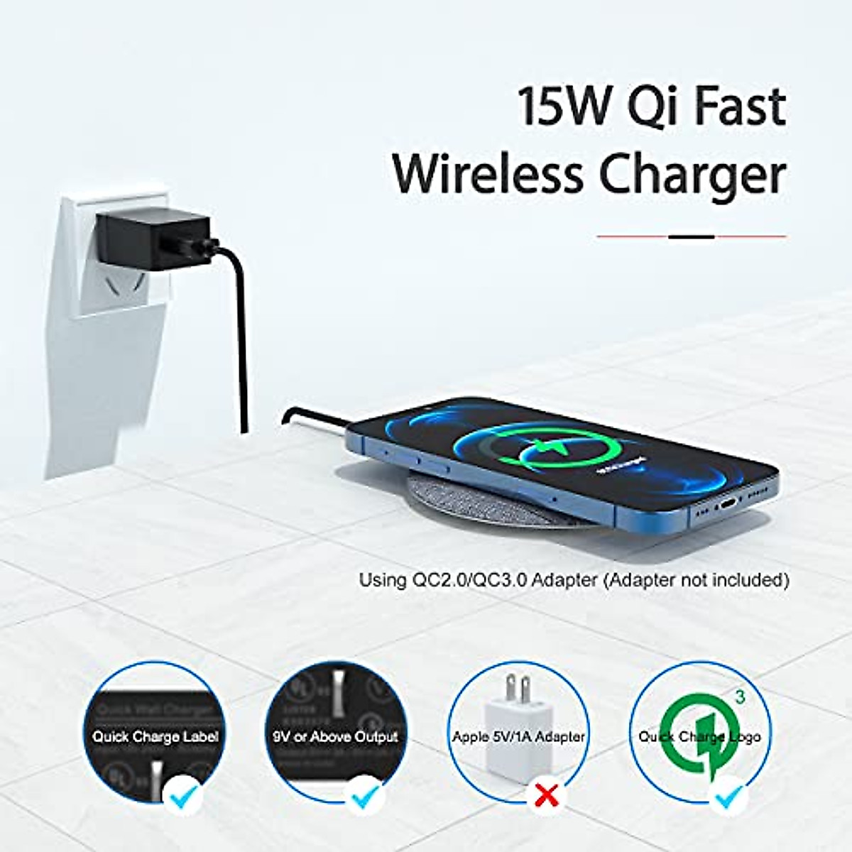Flat Fabric Wireless Charger, 15W Super Slim Universal Wireless Charging Pad for iPhone 14/13/12/11/XR/X/8, Android Wireless Charger for Galaxy S21/S20 Ultra/S10/Note 10, Pixel 5/4 XL (No AC Adapter)