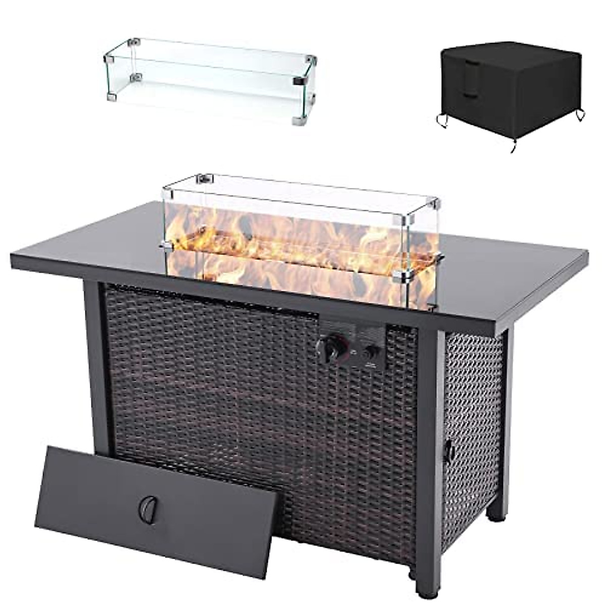 43 in Propane Gas Fire Pit Table, 50,000 BTU Auto-Ignition PE Wicker Gas Fire Pit Table with Glass Wind Guard, Waterproof Cover, CAS Certified for Courtyard Terrace Gardens.
