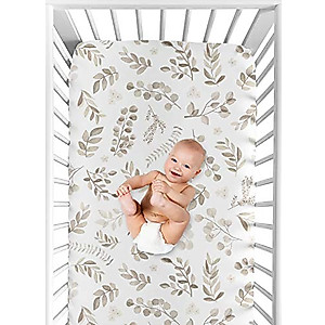 Sweet Jojo Designs Floral Leaf Boy or Girl Fitted Crib Sheet Baby or Toddler Bed Nursery - Gender Neutral Beige Taupe White Gender Neutral Boho Watercolor Botanical Flower Woodland Tropical Garden