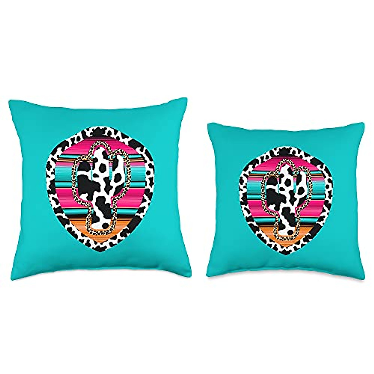 Western Serape Cactus designs Western Cow Cactus Leopard Cheetha Serape Turquoise Pink Throw Pillow, 16x16, Multicolor