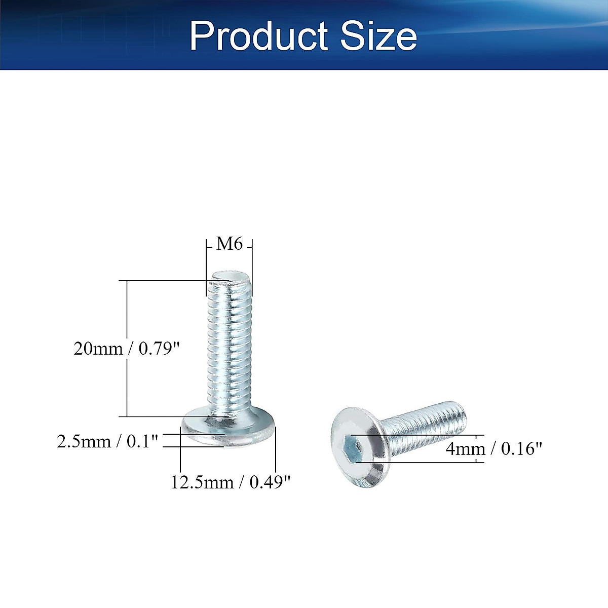 Yinpecly 10PCS M6x20mm Hex Socket Flat Head Screws Furniture Bolts Fastener Countersunk Connector Screws, Full Thread, Carbon Steel, Blue White Tone